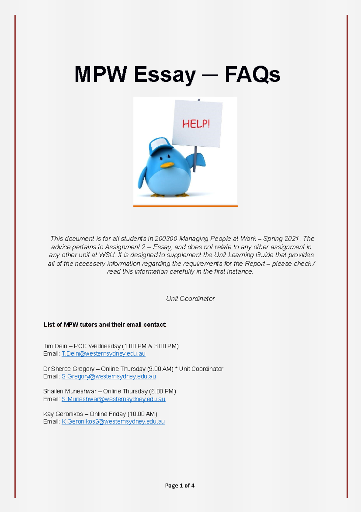 MPW Essay FAQs Spring 2021 - 200300 - UWS - Studocu