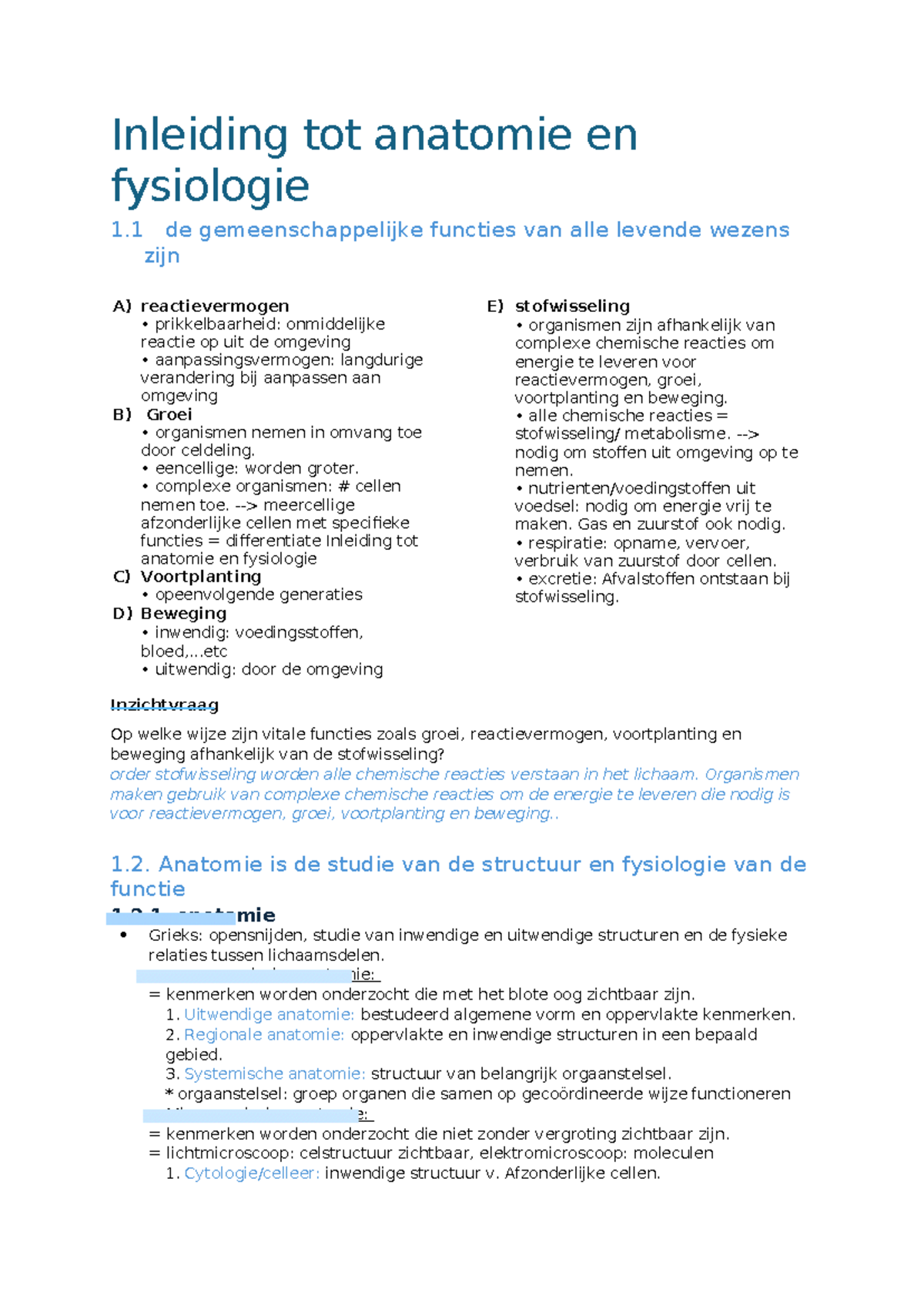 Biomedische anatomie en Fysiologie H1 DEEL1 - Inleiding tot anatomie en fysiologie 1 de - Studocu