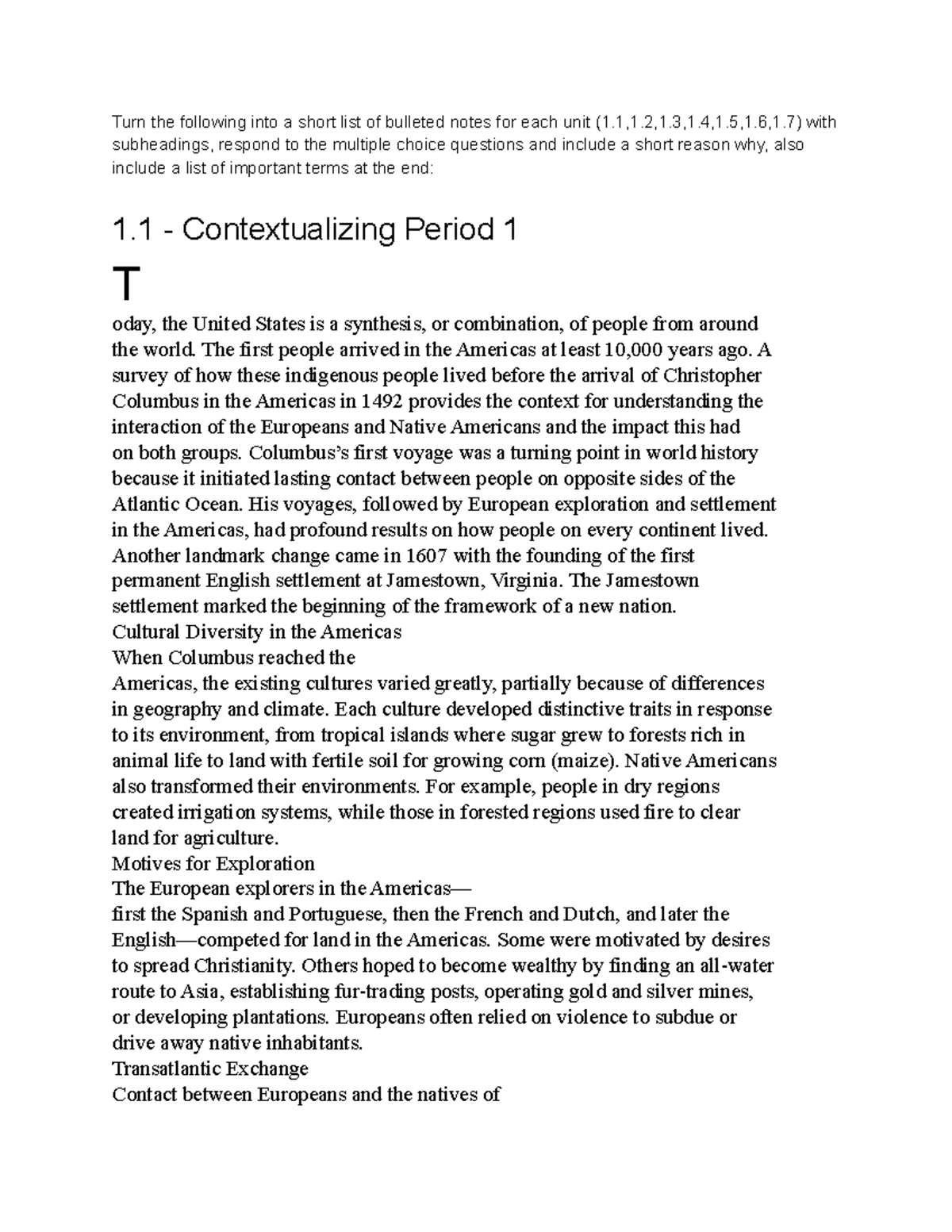 Unit One Notes - Turn the following into a short list of bulleted notes ...
