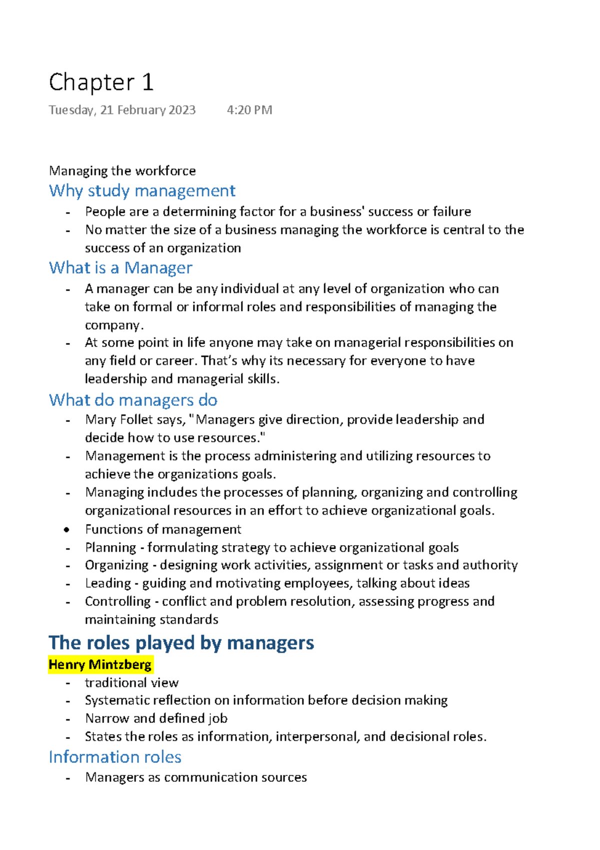 Chapter 1 - Managing the workforce Why study management People are a ...