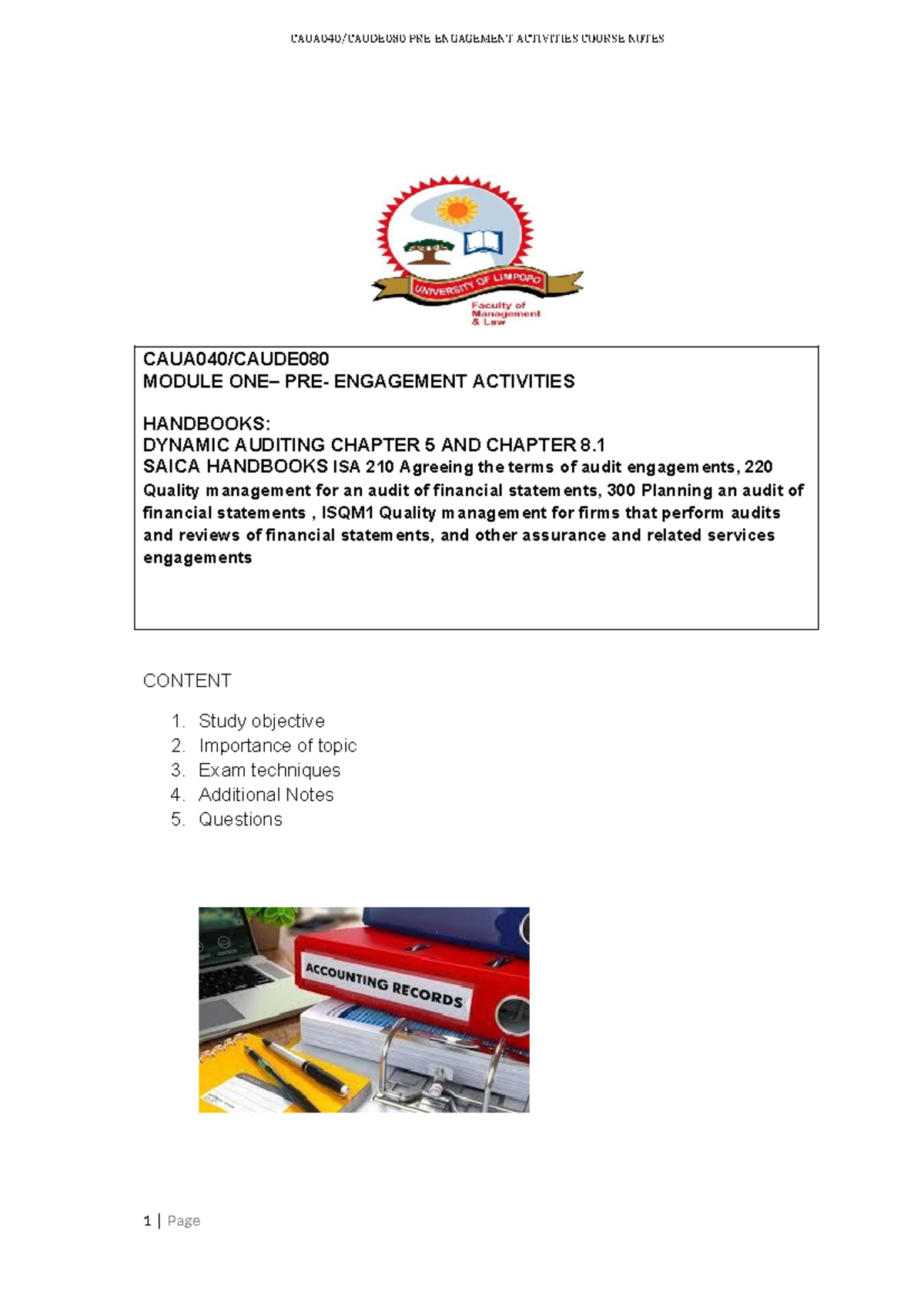 Module 1 Audit Process AND PRE Engagementactivities - CAUA040/CAUDE ...