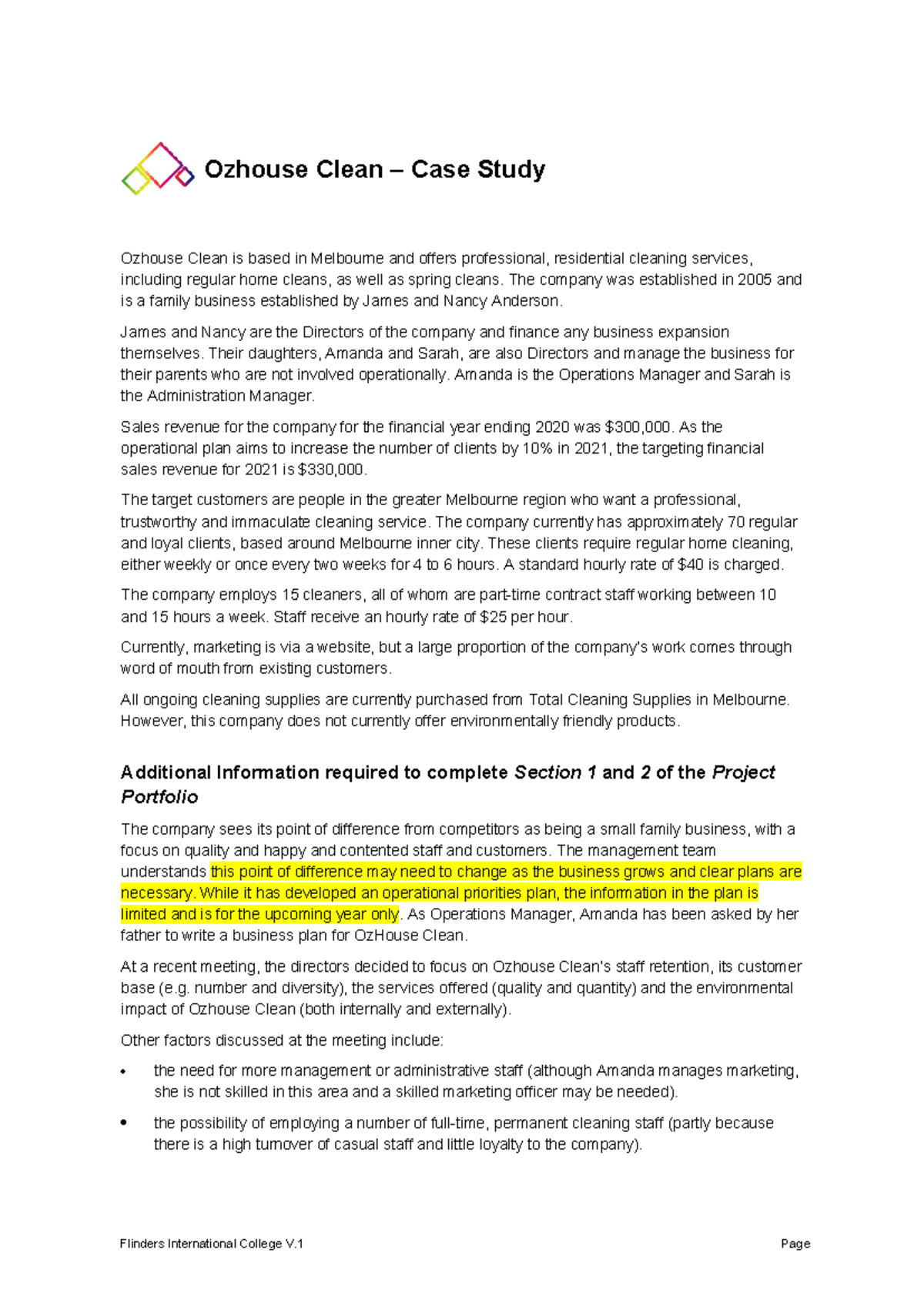 Bsbops 601 Simulation Pack - Ozhouse Clean – Case Study Ozhouse Clean is based in Melbourne and ...