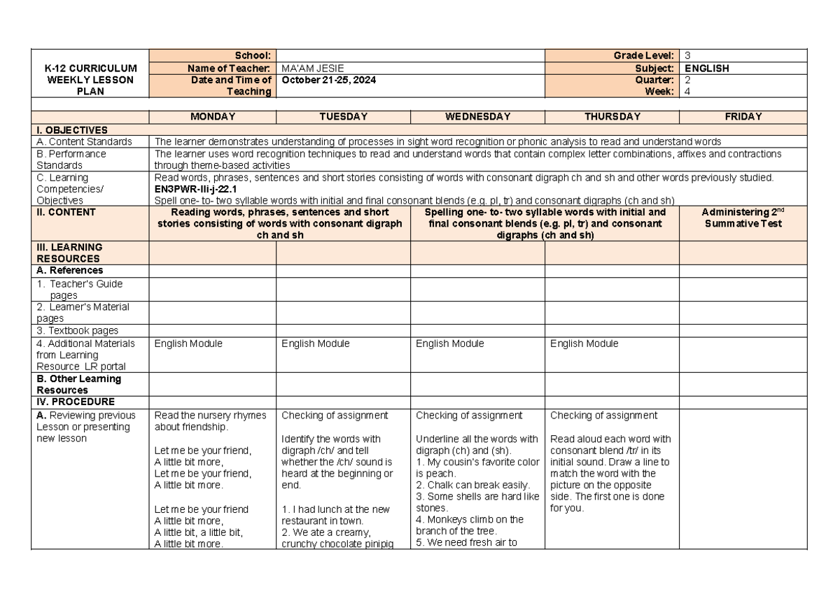 DLL English Q2 WEEK4 - lesson plan - K-12 CURRICULUM WEEKLY LESSON PLAN ...