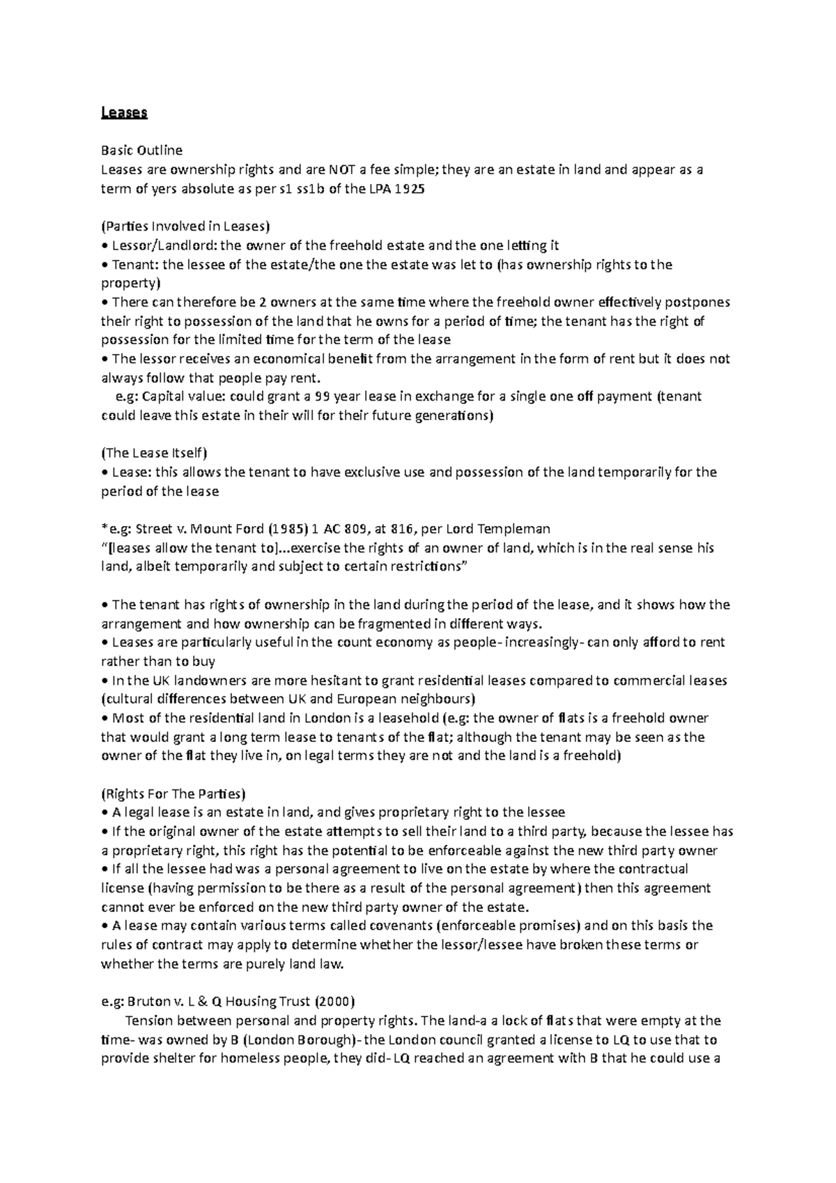 Land law - Leases - Leases Basic Outline Leases are ownership rights ...
