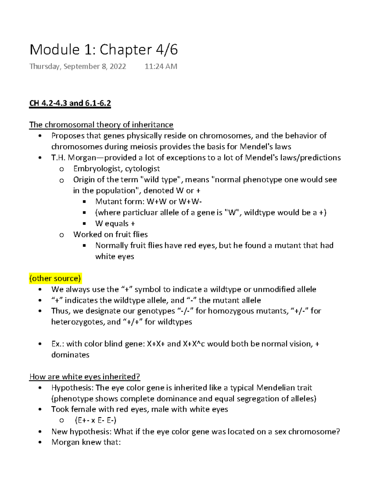 Module 1 Chapter 4-6 (lecture) - CH 4.2-4 and 6-6. The chromosomal theory of inheritance ...