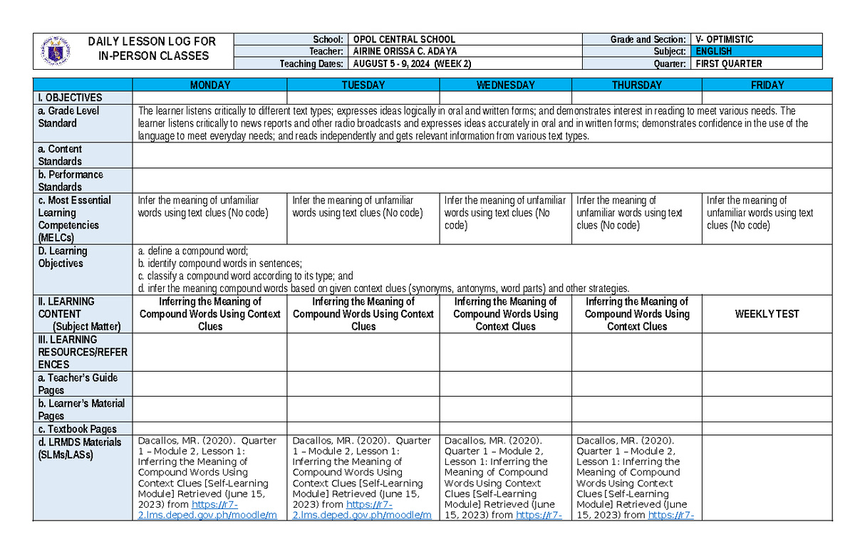 WEEK 2 ENG - Quarter 1 Week 2 - DAILY LESSON LOG FOR IN-PERSON CLASSES ...