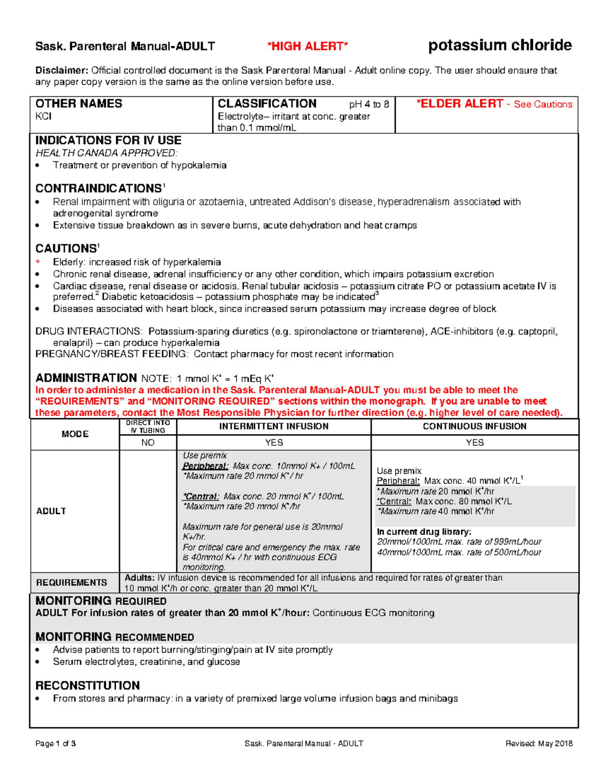 Potassium chloride 2018 - Sask. Parenteral Manual-ADULT HIGH ALERT ...