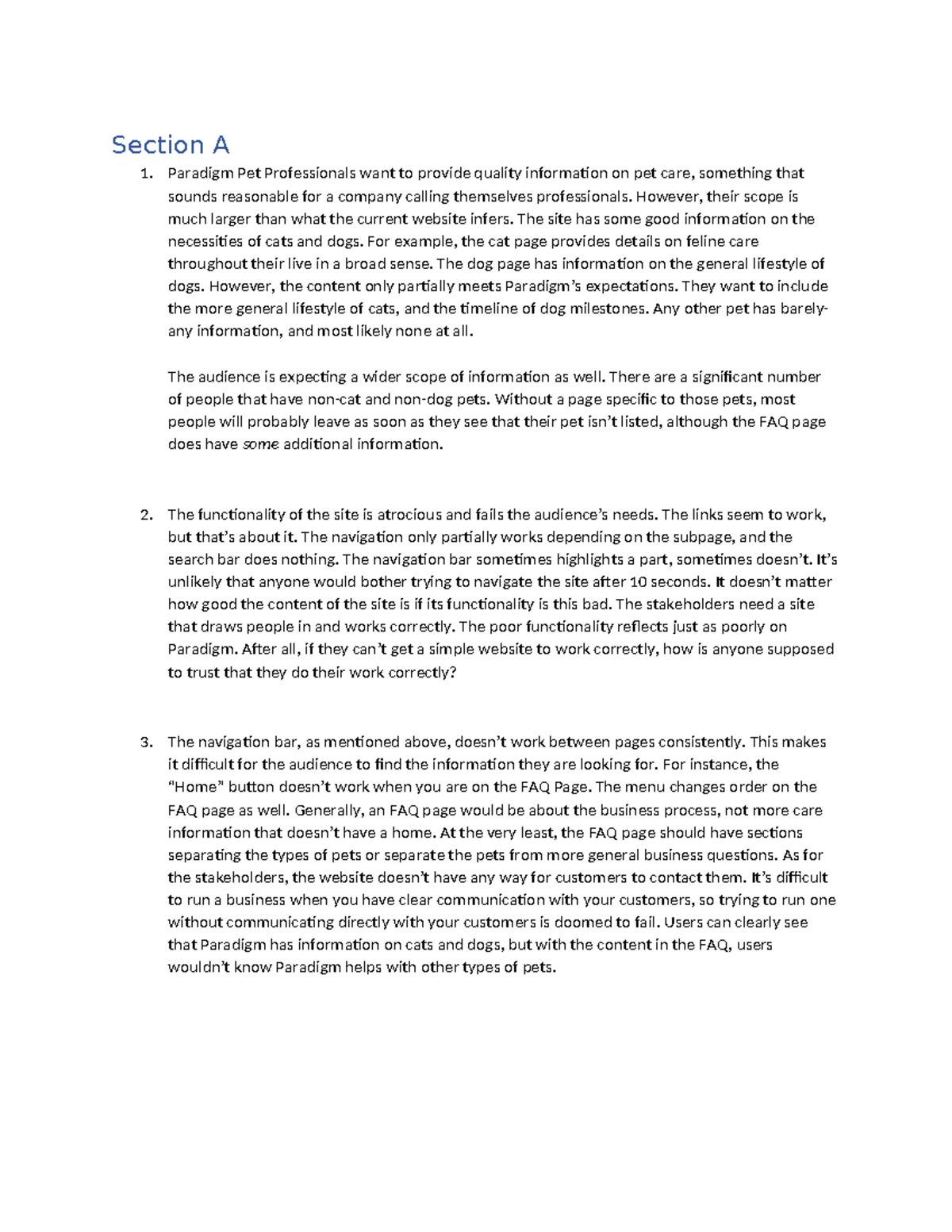 Task 1 Response Submission - Section A 1. Paradigm Pet Professionals ...