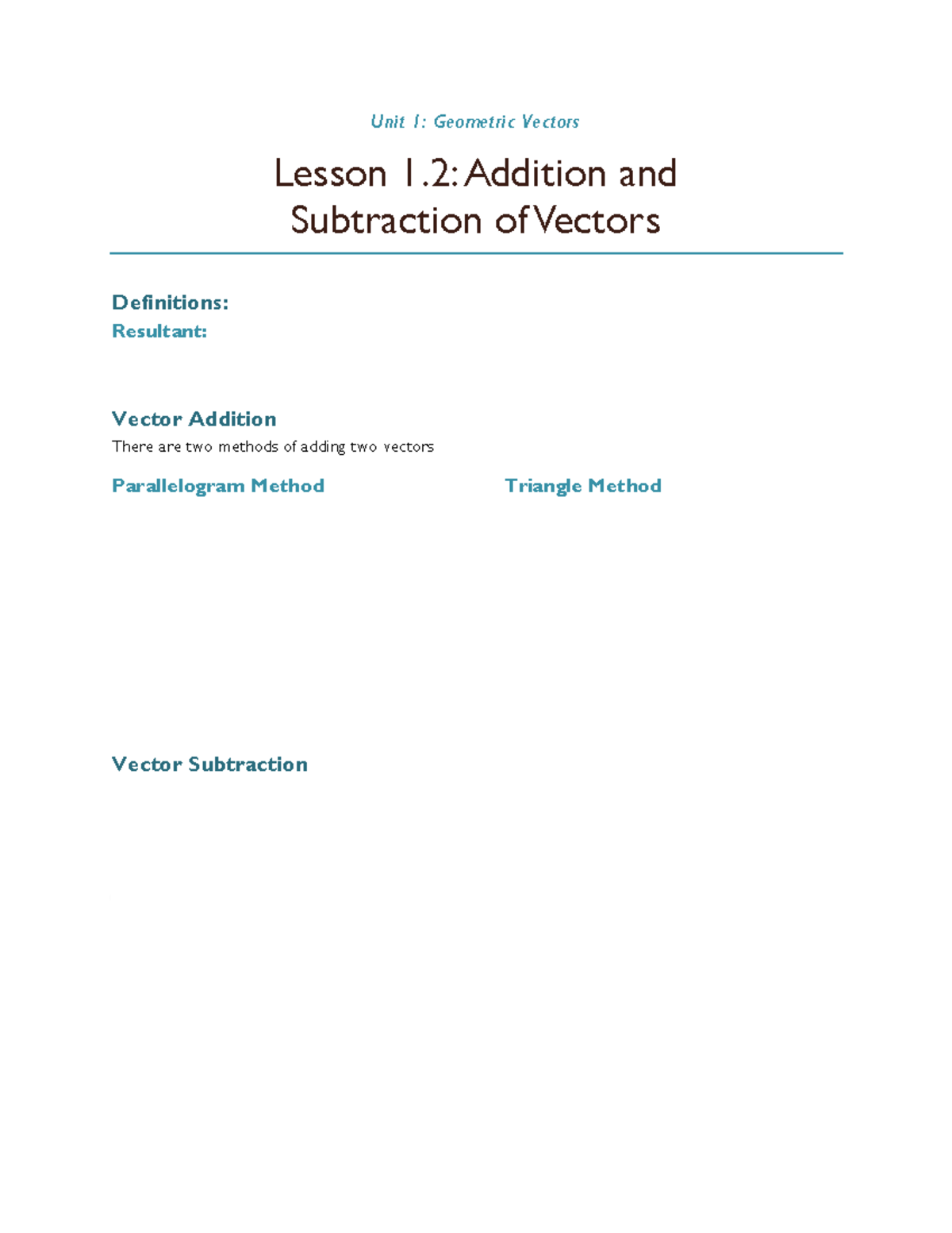 Lesson 2 - Vector Addition - Unit 1: Geometric Vectors Lesson 1 ...