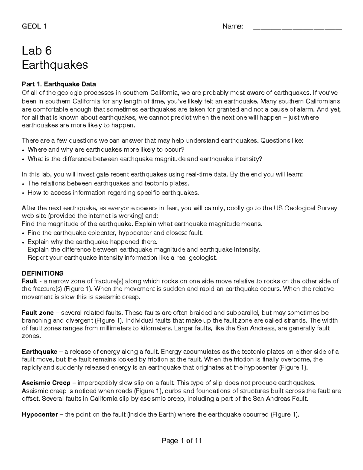 Lab 7 Earthquakes - Lab 6 Earthquakes Part 1. Earthquake Data Of all of ...