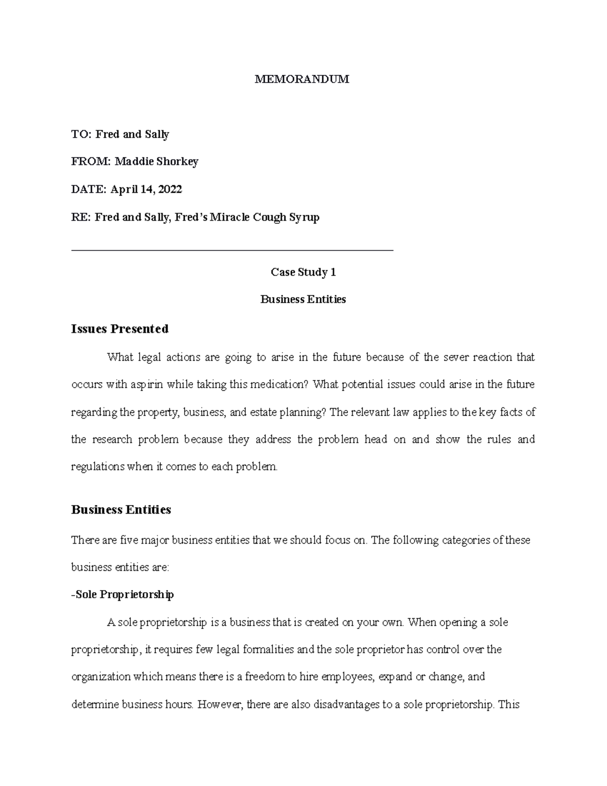BUS 307 Final Project MEMORANDUM TO Fred And Sally FROM Maddie bus-307-final-project-memorandum-to-fred-and-sally-from-maddie