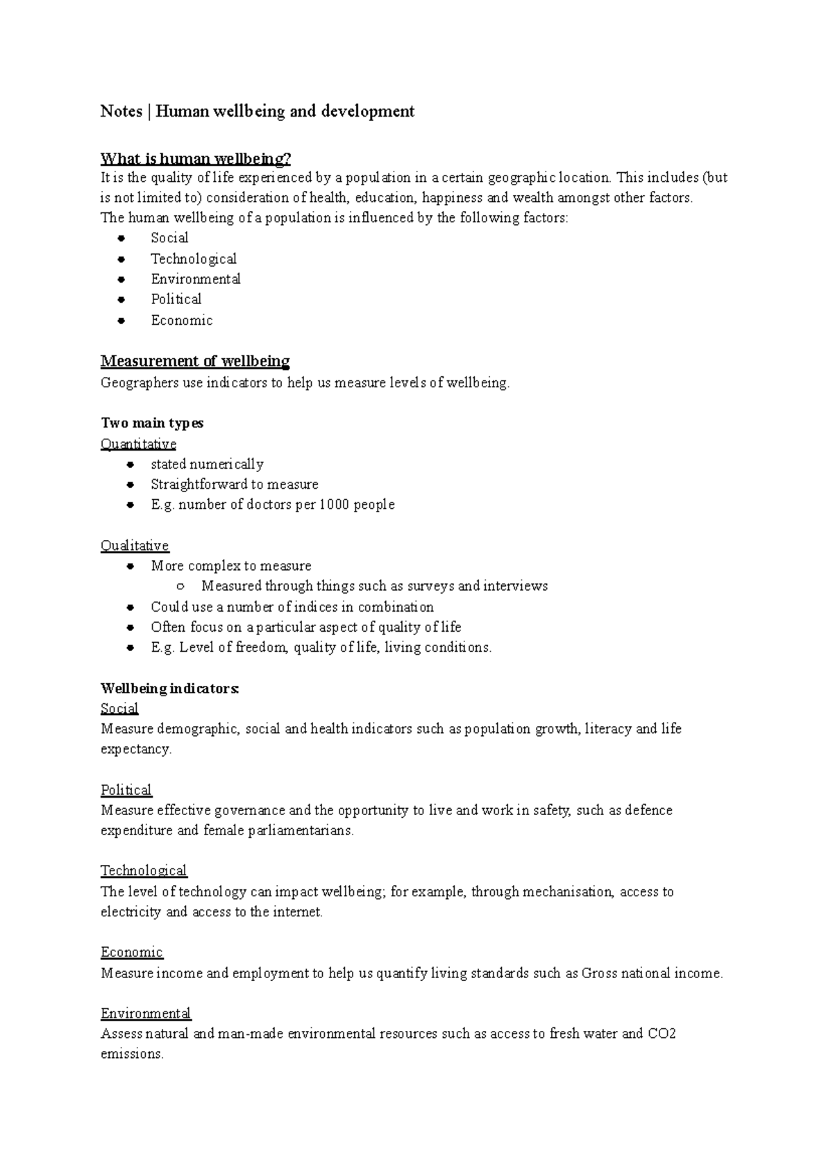 Geography - Human wellbeing and development notes - Notes | Human ...