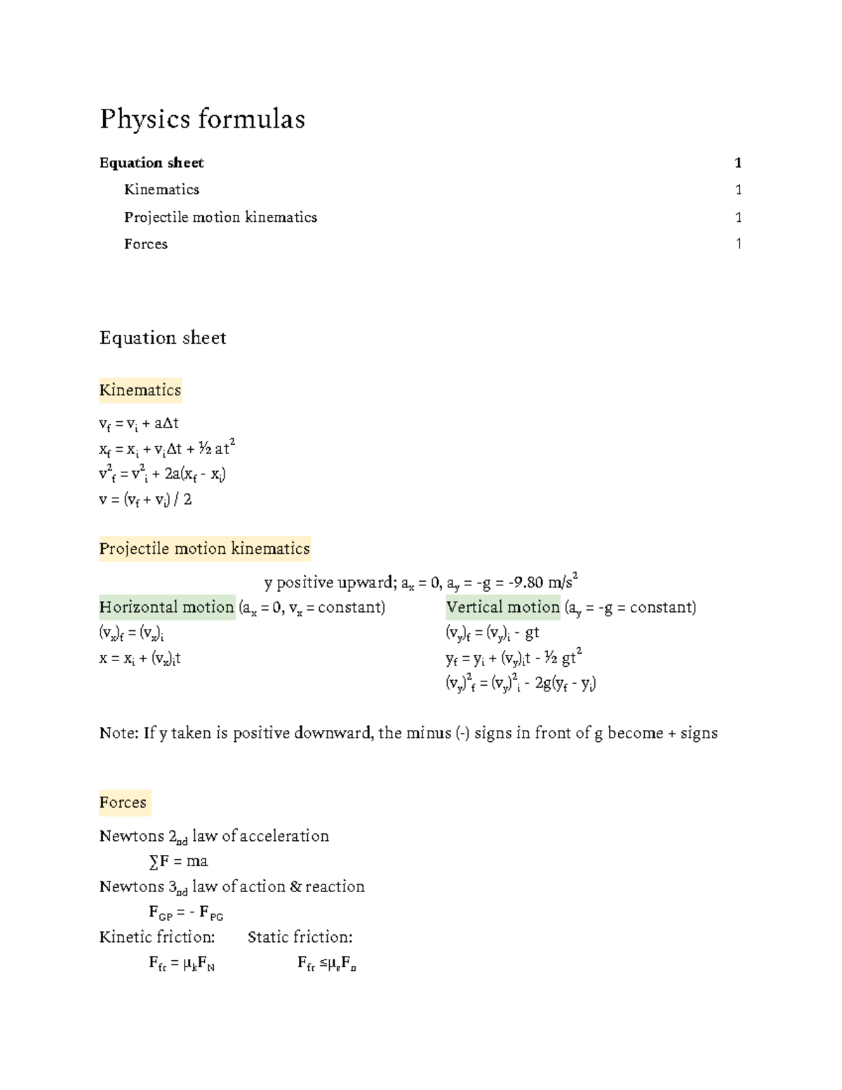 Formulas - Physics formulas Equation sheet 1 Kinematics 1 Projectile ...