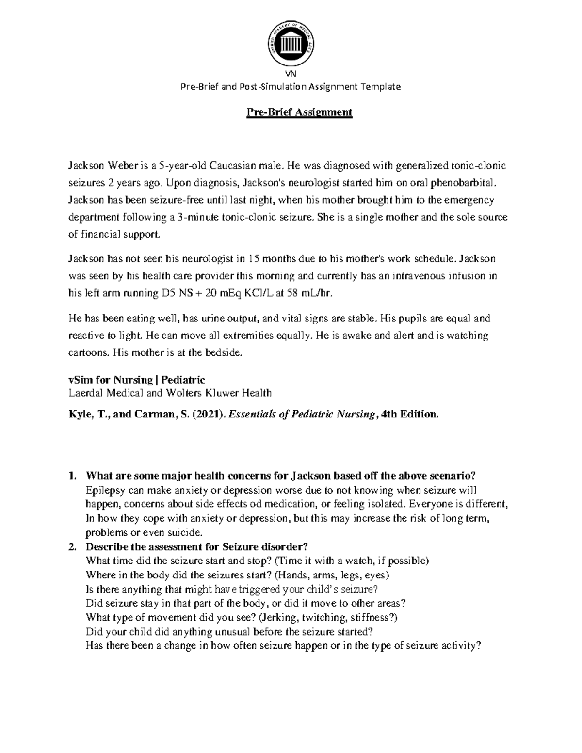 Pre-Brief SIM PEDS week 2 - Pre-Brief and Post-Simulation Assignment ...