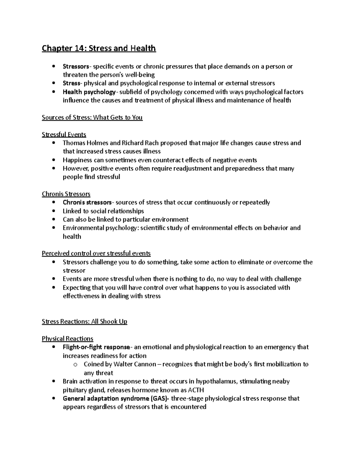 Psychology notes (ch. 14-16) - Chapter 14: Stress and Health specific ...