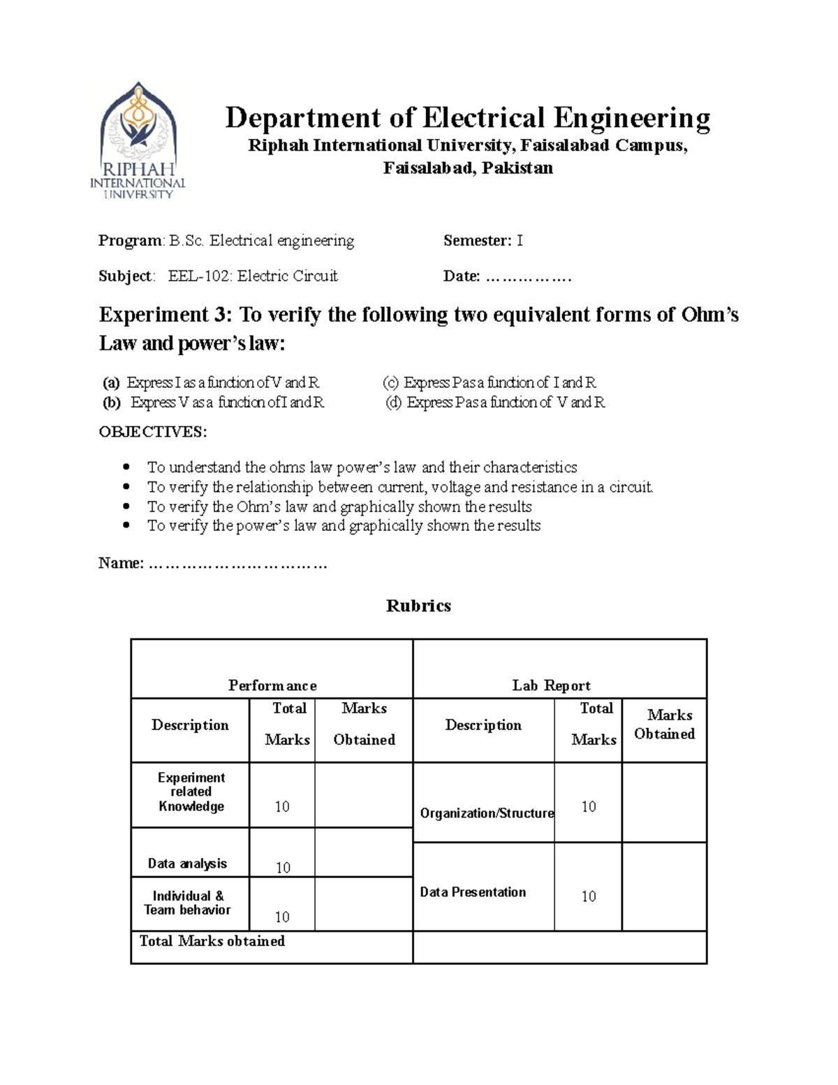electric circuit student lab 1 experiment for practice - Department of ...