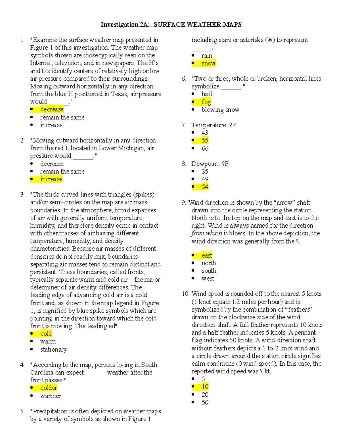 Lab for organic chem - Investigation 2A: SURFACE WEATHER MAPS 1. the ...