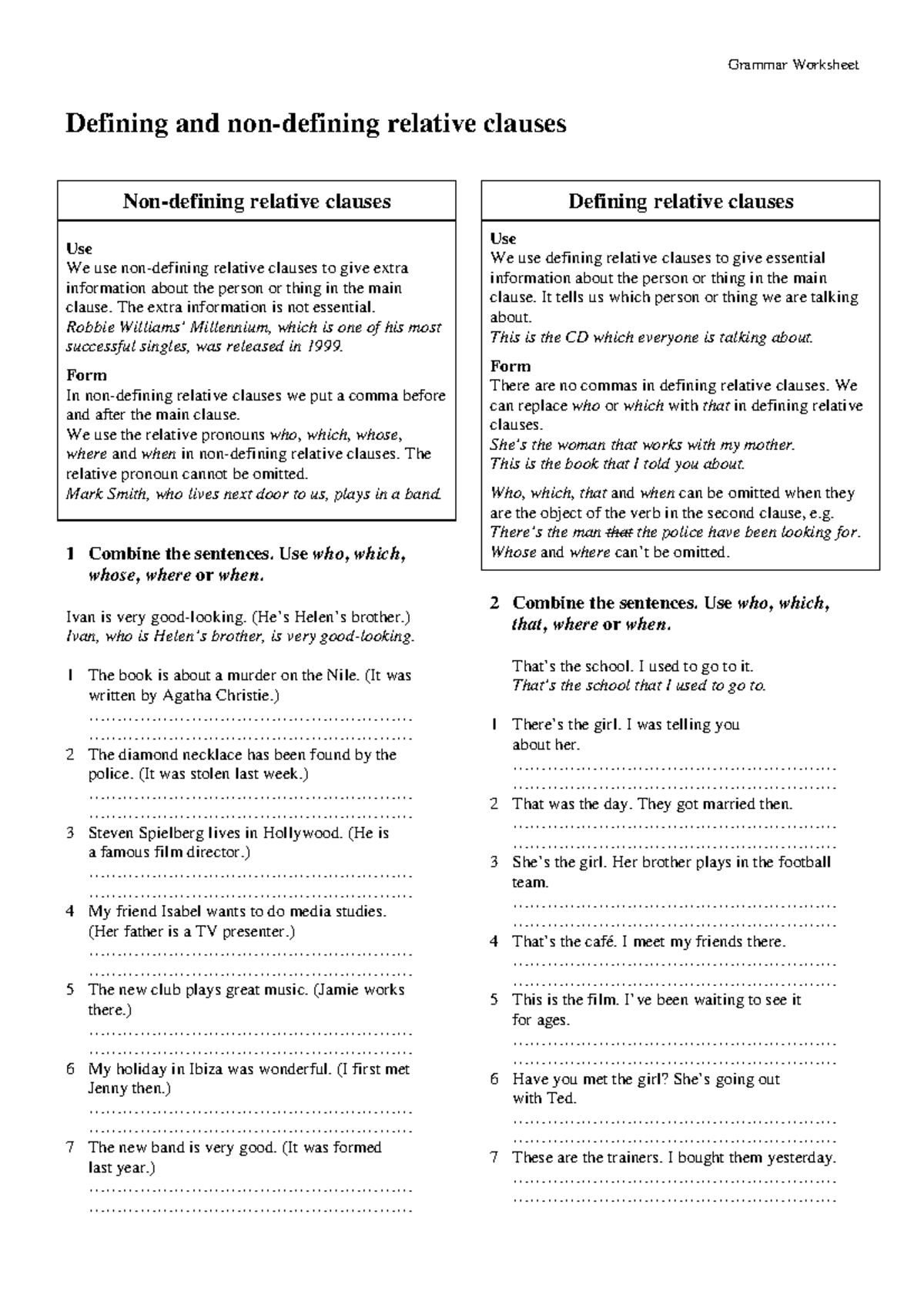 Defining-relative-clauses - Grammar Worksheet Defining and non-defining relative clauses - Studocu