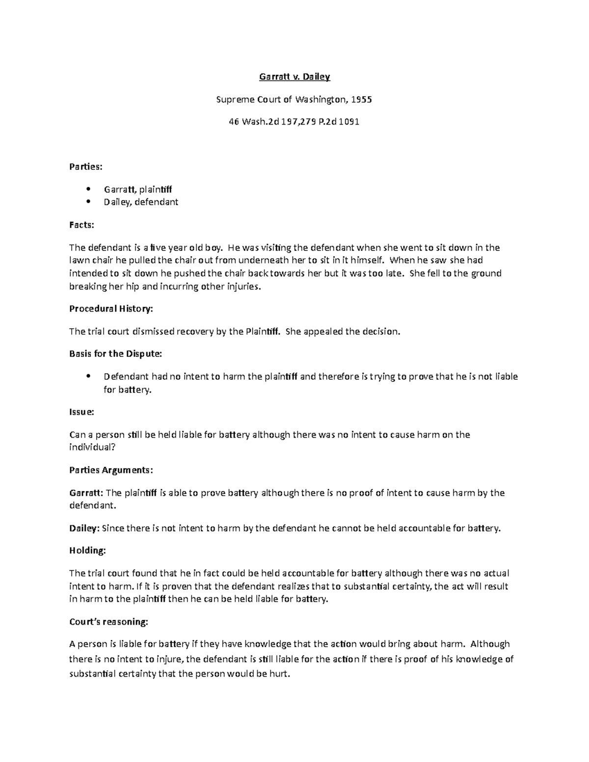 Garratt Case Brief (intent tort law) - Garratt v. Dailey Supreme Court ...