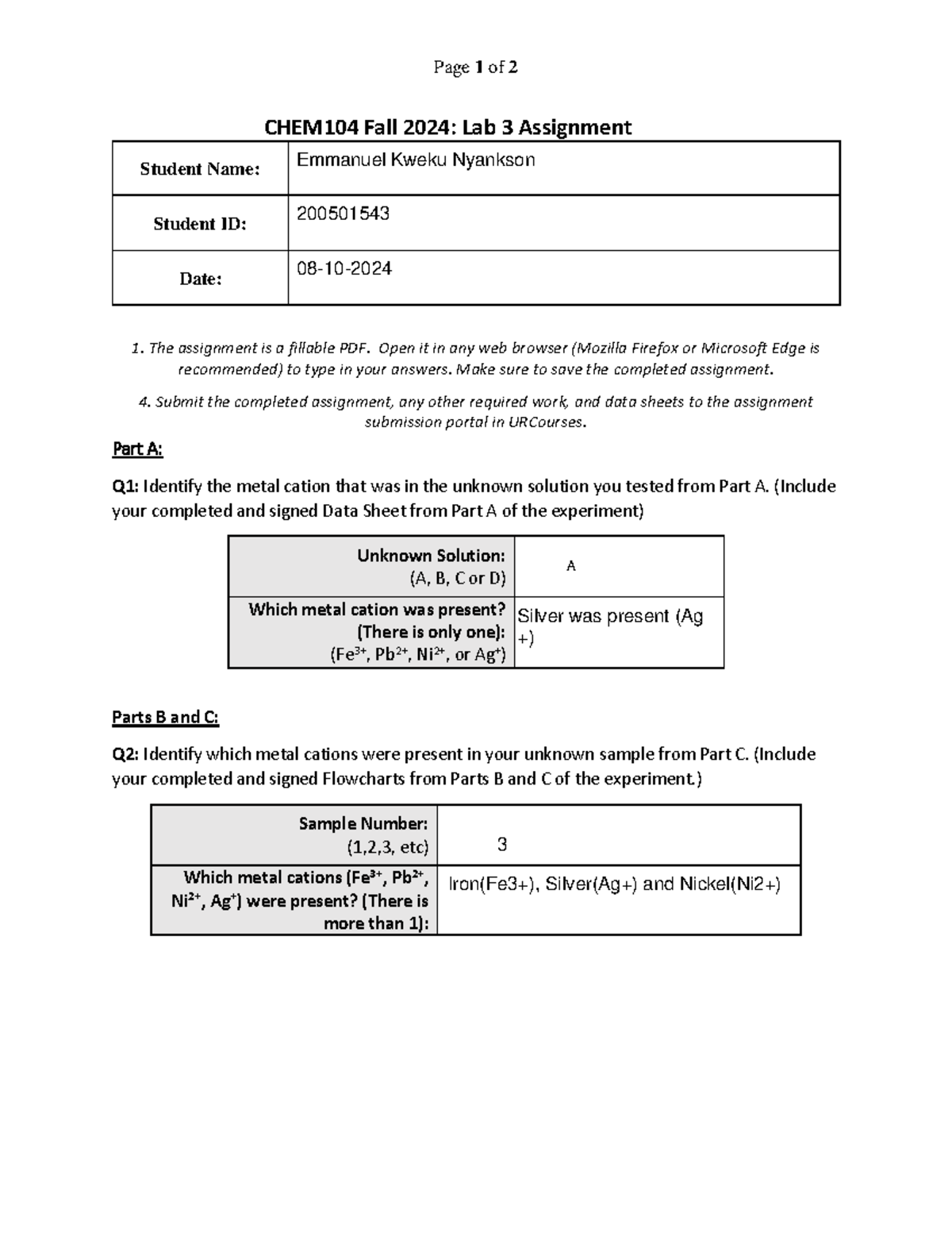 CHEM104 Fall 2024 Lab 3 Assignment Solution - Page 1 of 2 CHEM104 Fall ...