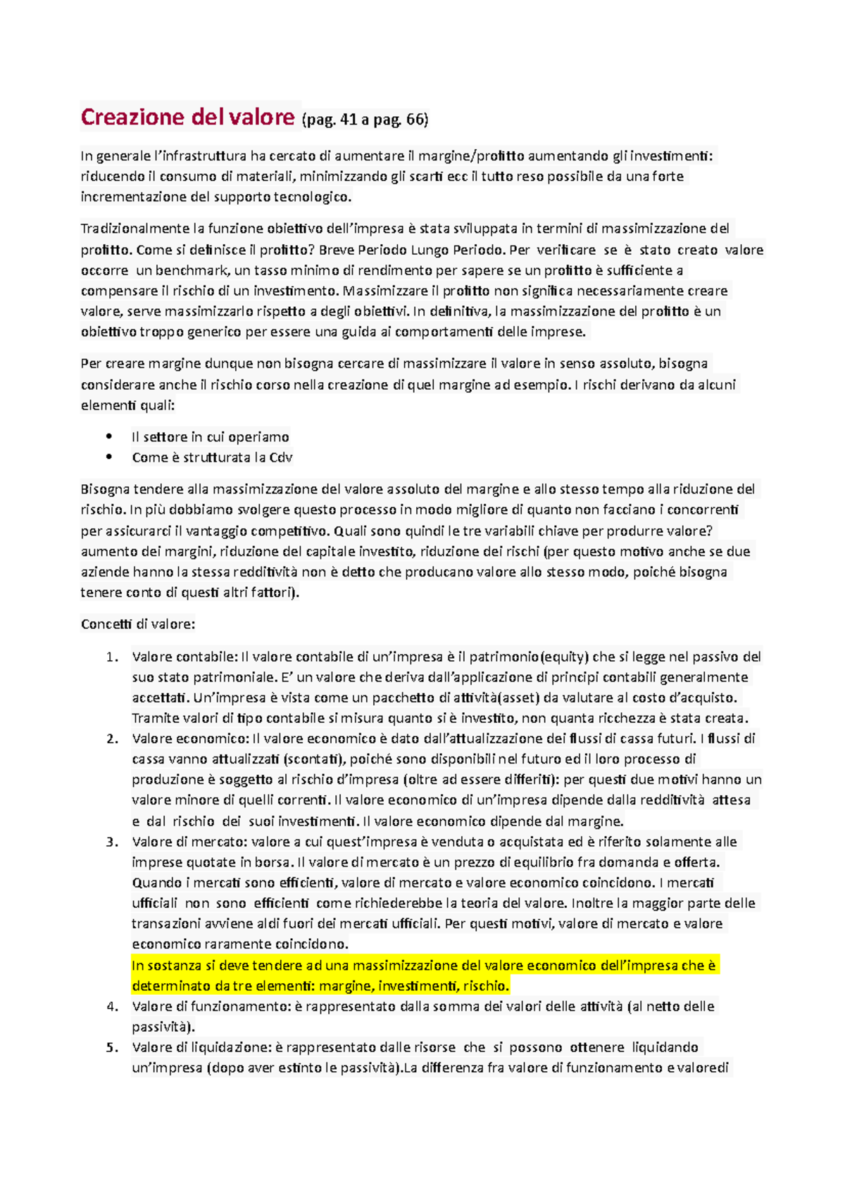 5 creazione del valore - appunti - Creazione del valore (pag. 41 a pag ...
