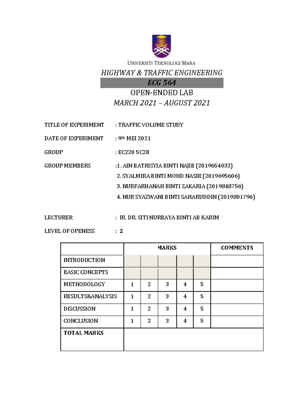 LAB Report Traffic Volume Study uitm - HIGHWAY & TRAFFIC ENGINEERING ...