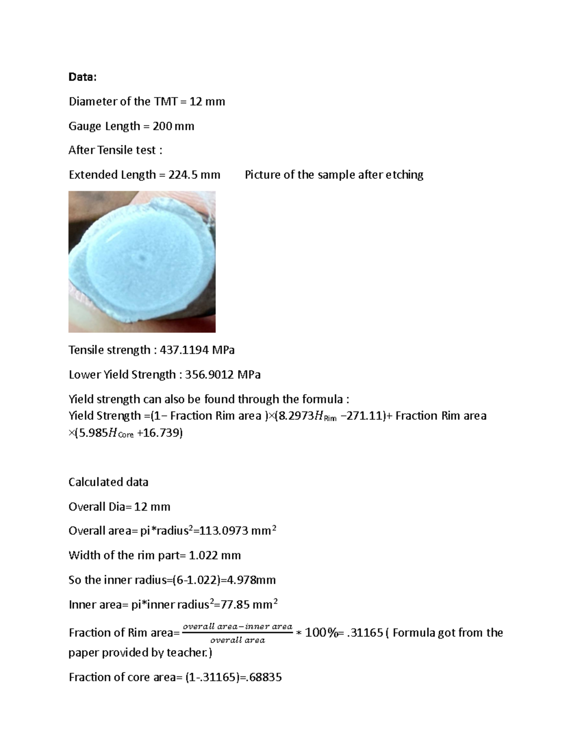 Atik lab report TMT bar - Data: Diameter of the TMT = 12 mm Gauge ...