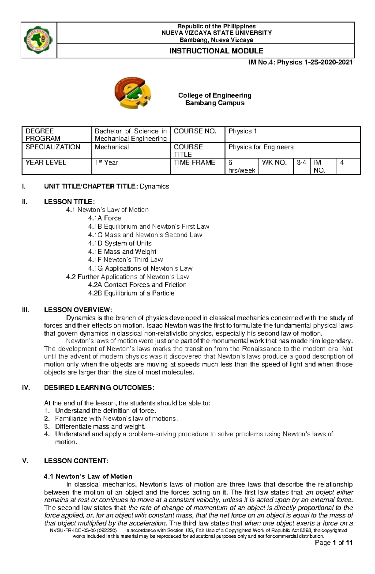 Physics for Engineers IM4 - NUEVA VIZCAYA STATE UNIVERSITY Bambang ...