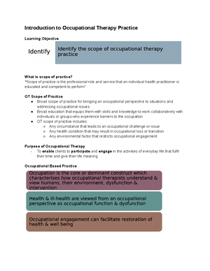 Week 2 OT Lecture Summary - OT1011 Week 2 The Structure of Occupation ...