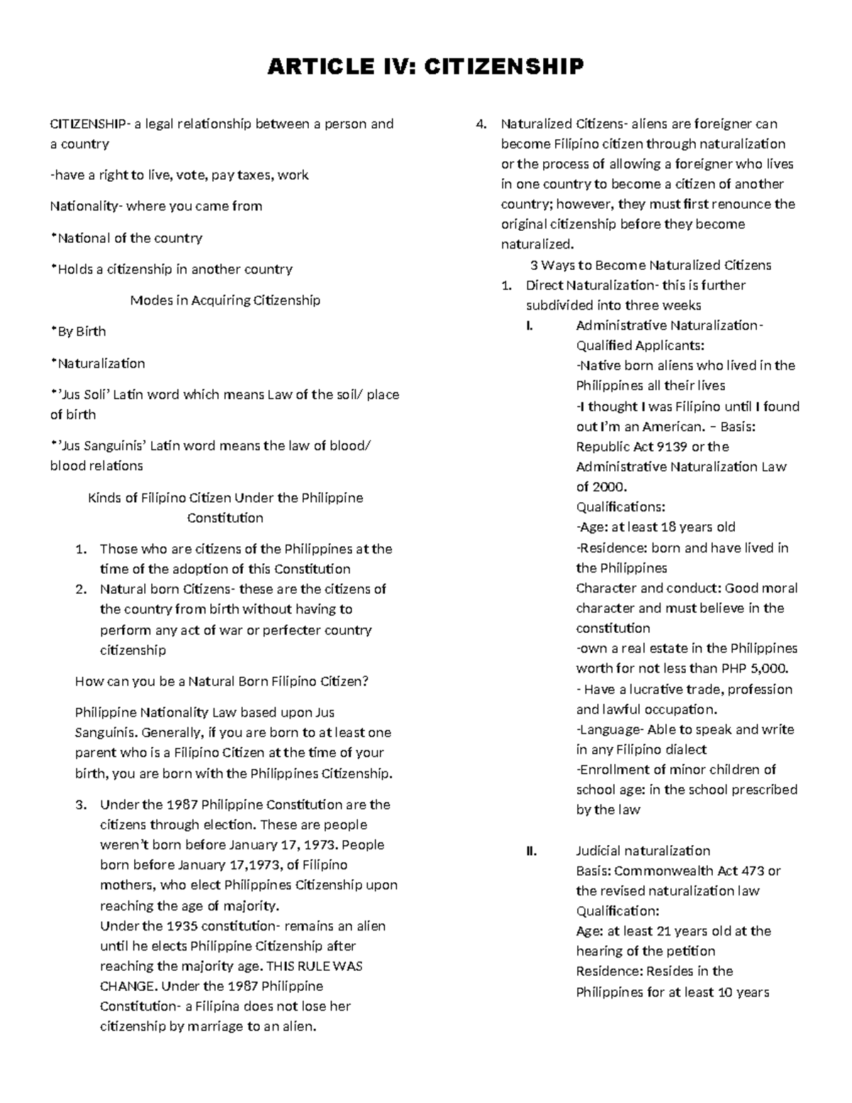 Citizenship - GELECT 1 Notes - ARTICLE IV: CITIZENSHIP CITIZENSHIP- a ...