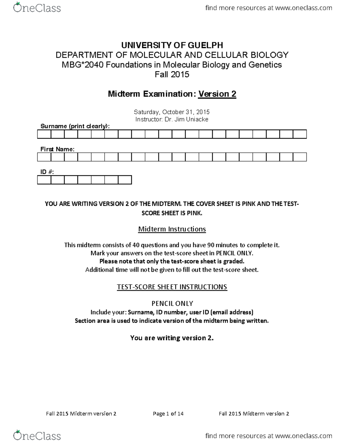 MBG 2040 Midterm 2015 - UNIVERSITY OF GUELPH DEPARTMENT OF MOLECULAR ...