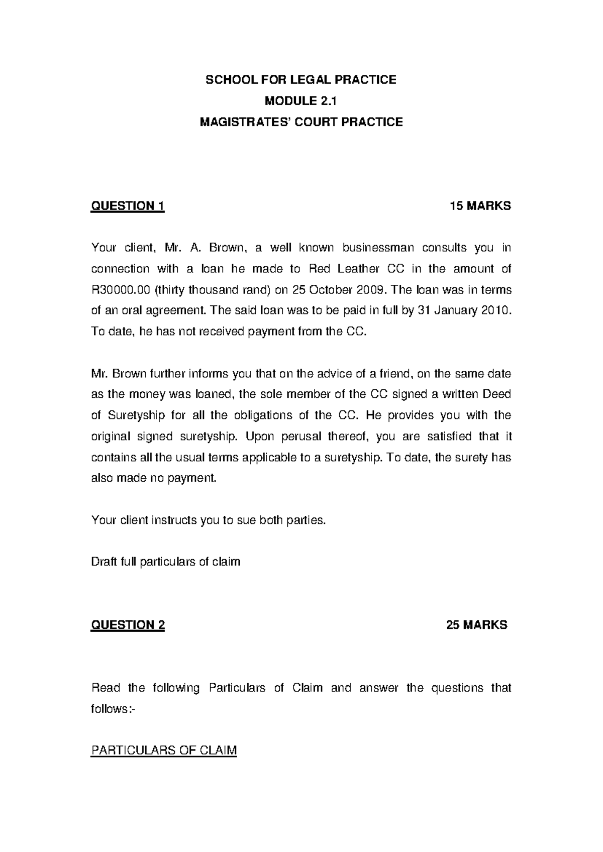 MCP- Questions - SCHOOL FOR LEGAL PRACTICE MODULE 2. MAGISTRATES’ COURT ...