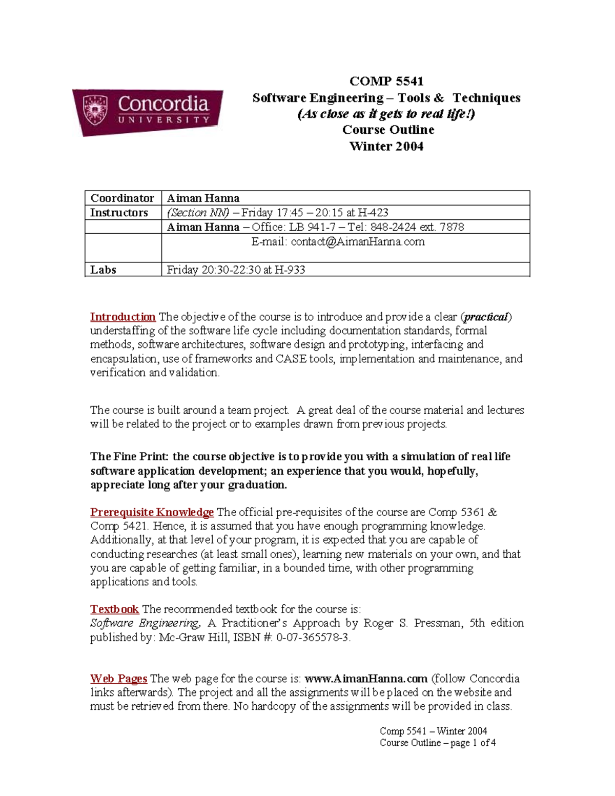 C554 w04 course outline - COMP 5541 Software Engineering – Tools ...