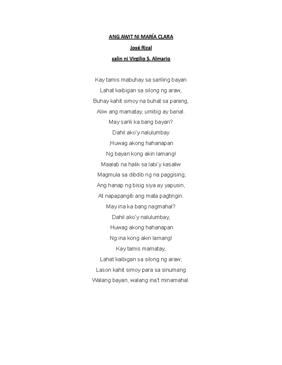 ANG AWIT NI María Clara - ANG AWIT NI MARÍA CLARA José Rizal salin ni ...