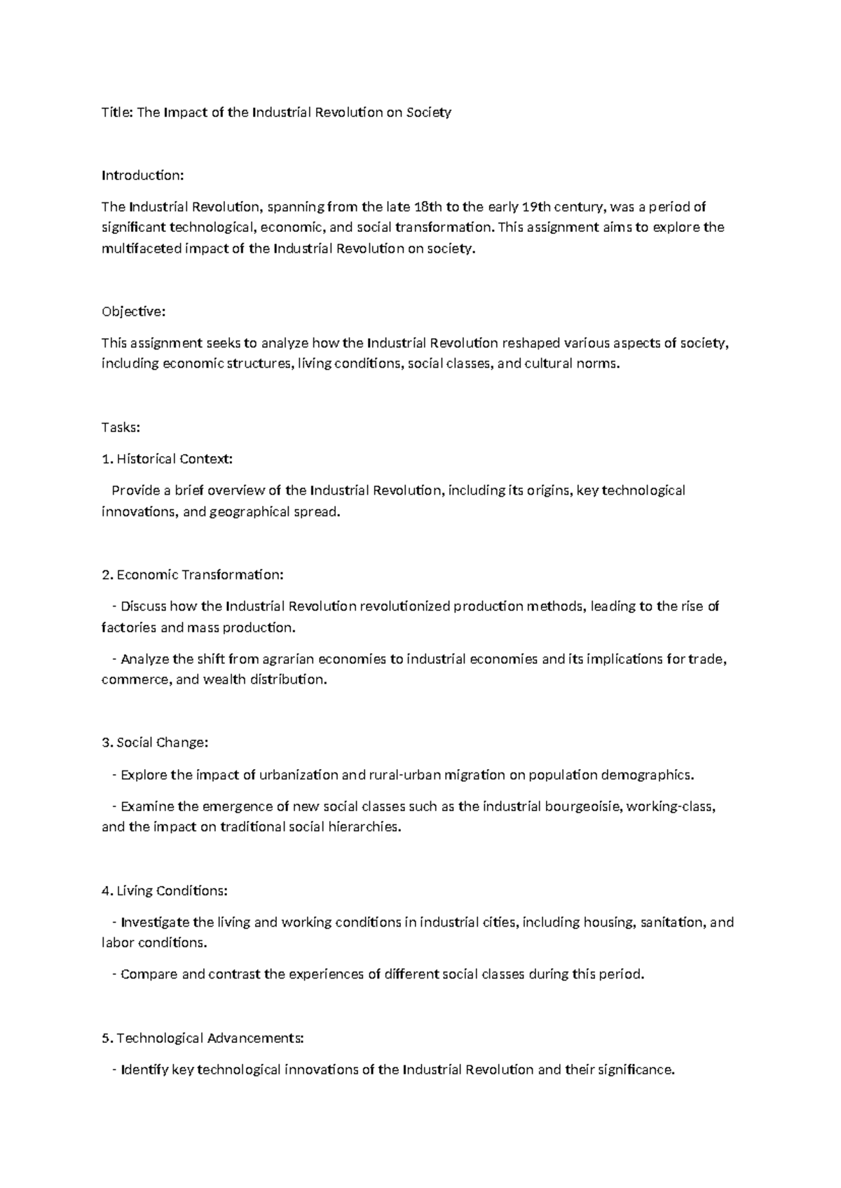 Assignment 1 - history - Title: The Impact of the Industrial Revolution ...