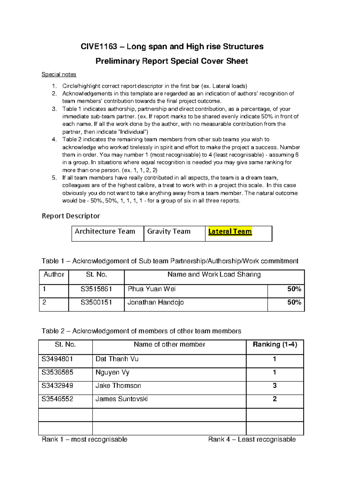 Sample LT - Preliminary Report Queen - CIVE1163 – Long span and High ...