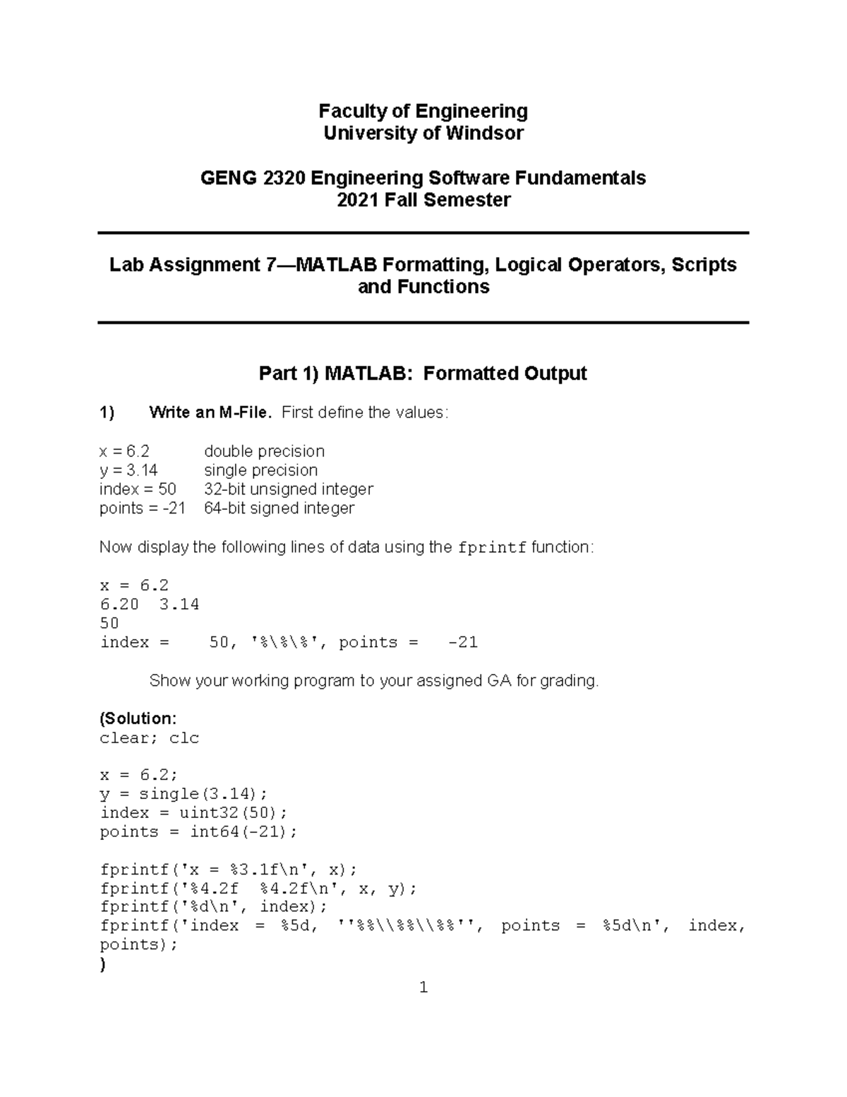 Lab Assignment 07 Solutions - Faculty of Engineering University of Windsor GENG 2320 Engineering ...