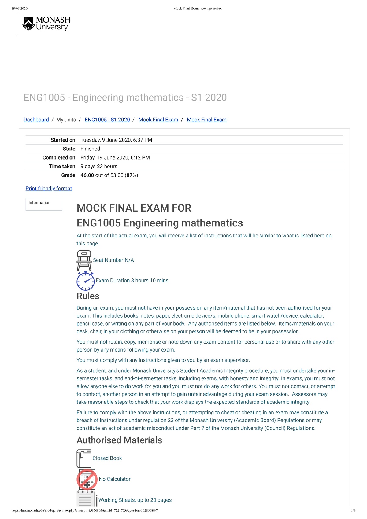 Mock Exam Paper - Dashboard / My units / ENG1005 - S1 2020/ Mock Final ...