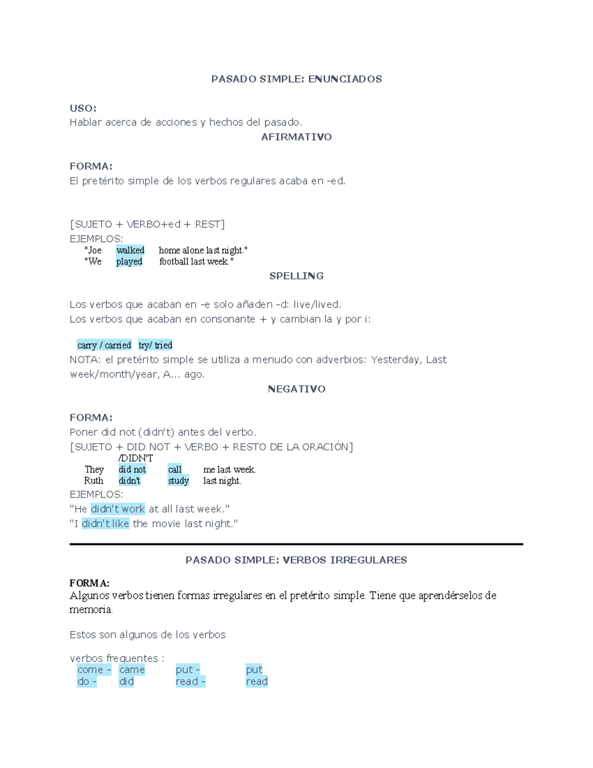 4-Past Simple - workbook 1 - PASADO SIMPLE: ENUNCIADOS USO: Hablar ...