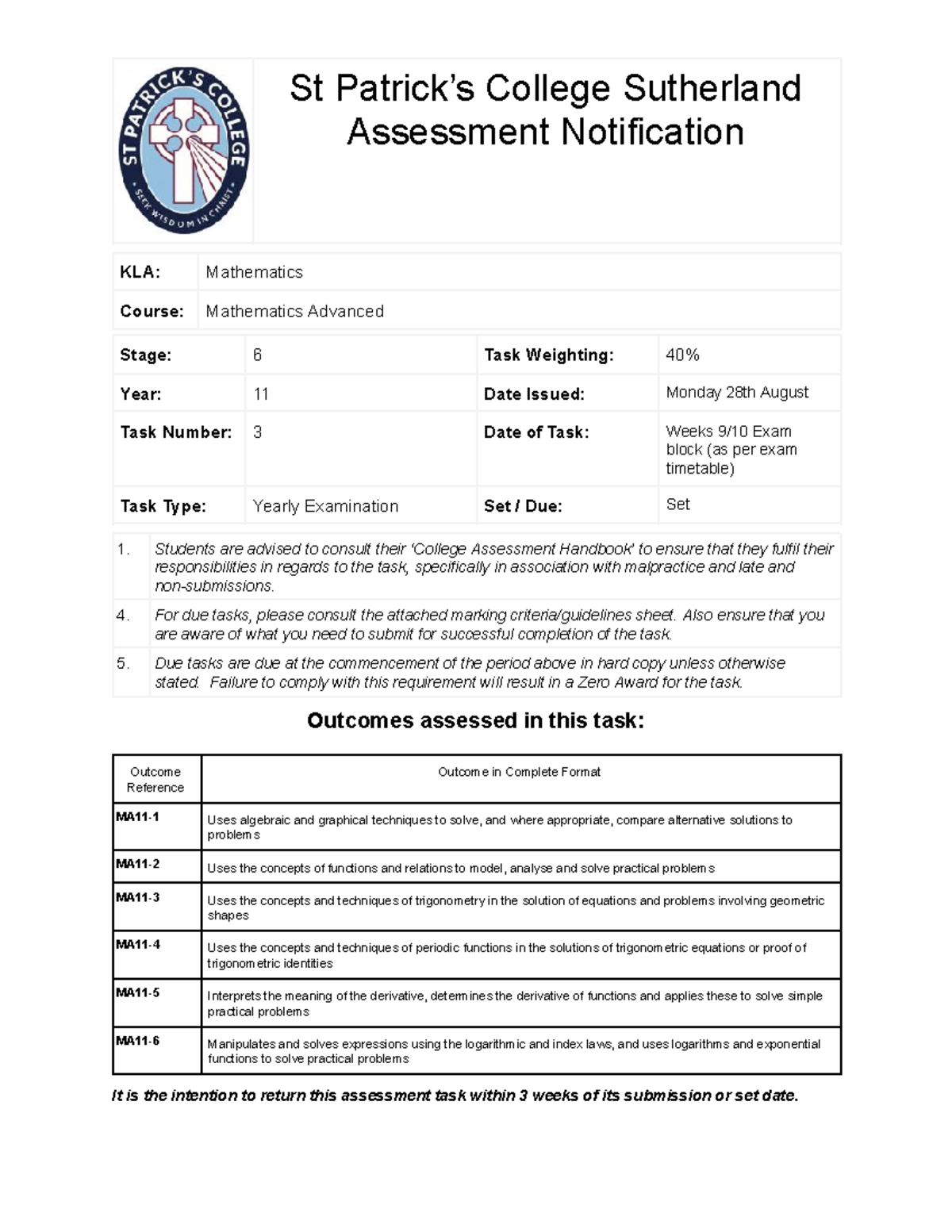 Year 11 Task 3 2023 Mathematics Advanced Yearly Exam Assessment ...