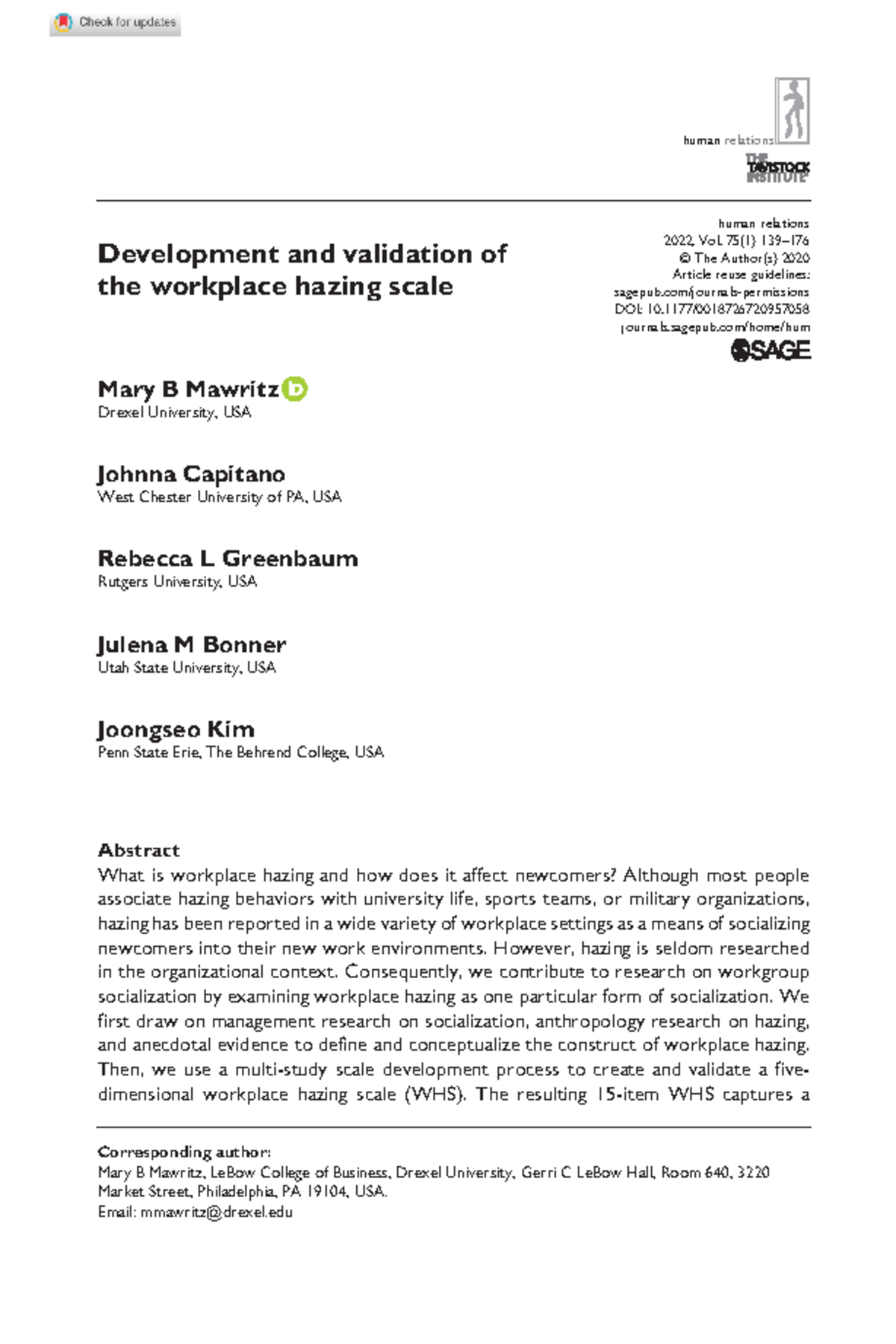 Mawritz et al. (2022) - Paper on hazing - doi/10.1177/ human relations ...