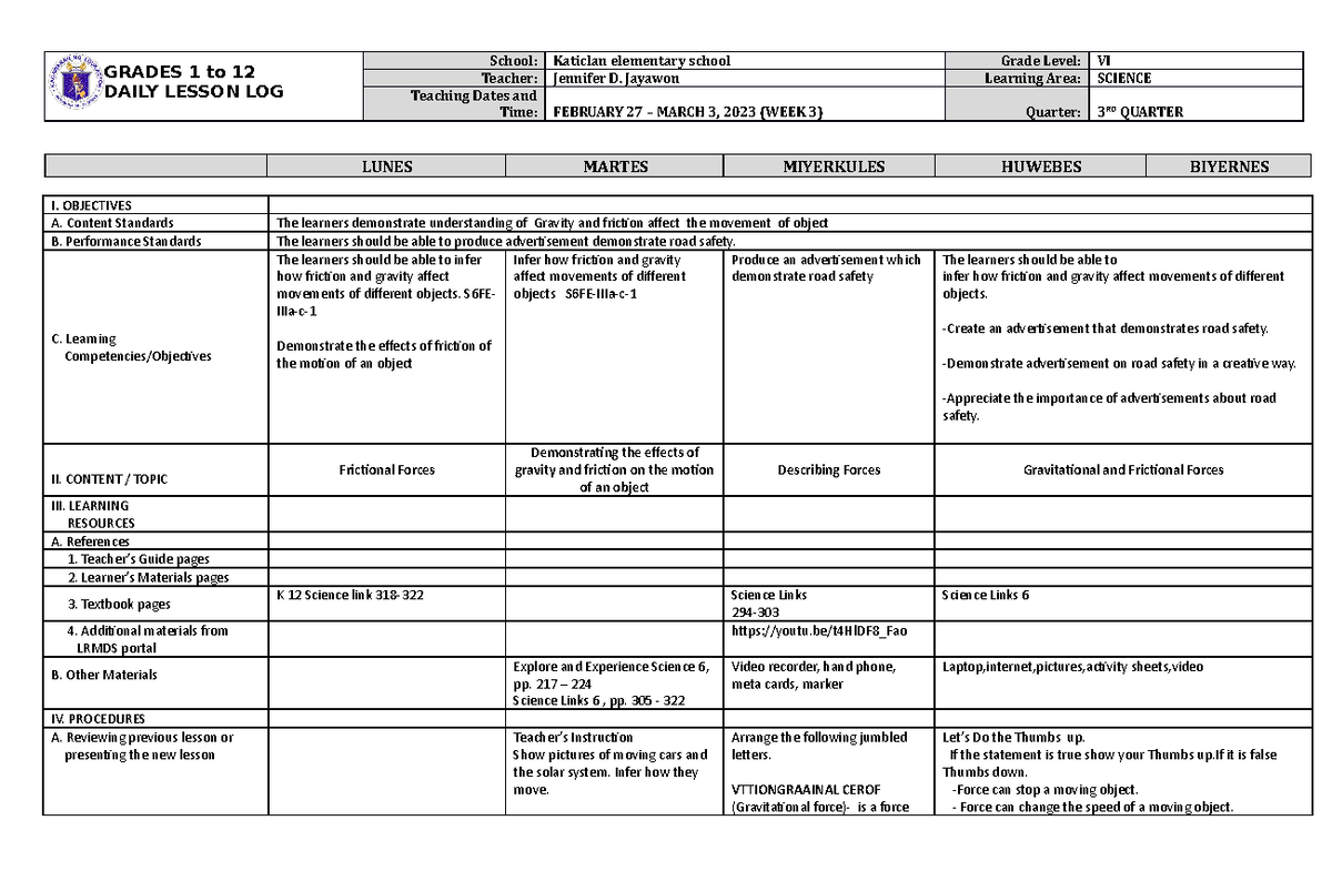 DLL Science 6 Q3 W3 - Goodluck - GRADES 1 to 12 DAILY LESSON LOG School ...