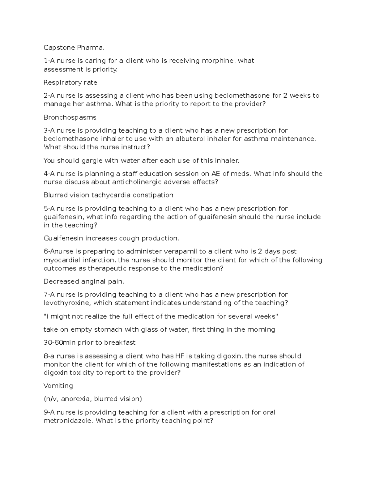 Capstone pharmacology miercoles 2 - Capstone Pharma. 1-A nurse is ...