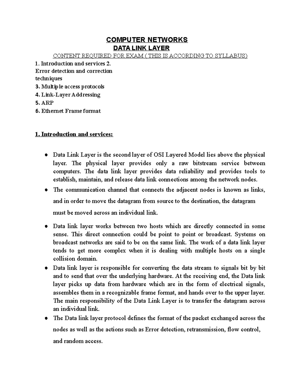Data Link Layer Computer Networks Data Link Layer Content Required For Exam This Is