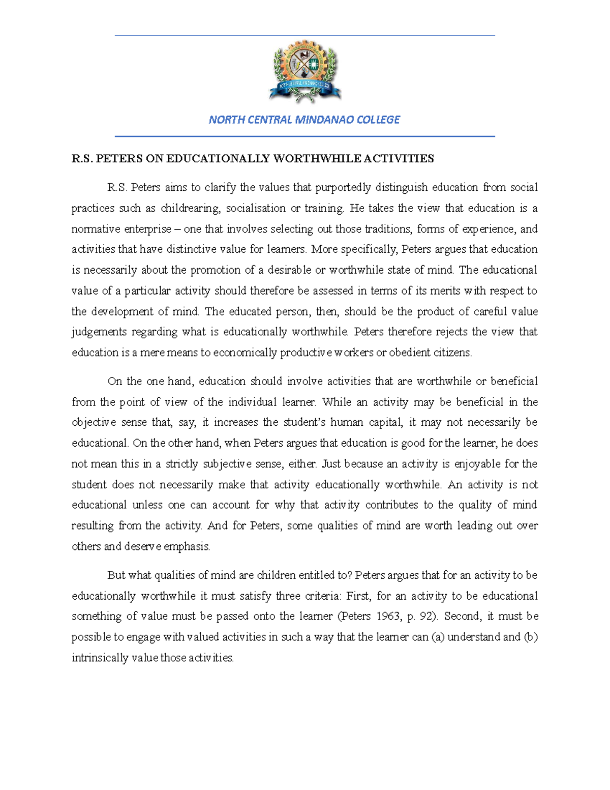 R.S. Peters ON Educationally Worthwhile Activities - NORTH CENTRAL ...