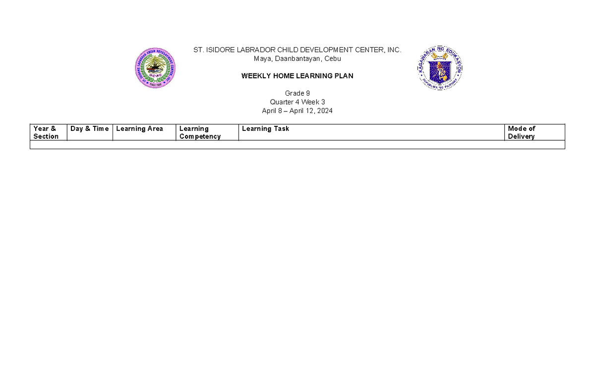 Filipino 9 Quarter 4-Week 3 Weekly Home Learning Plan - ST. ISIDORE ...