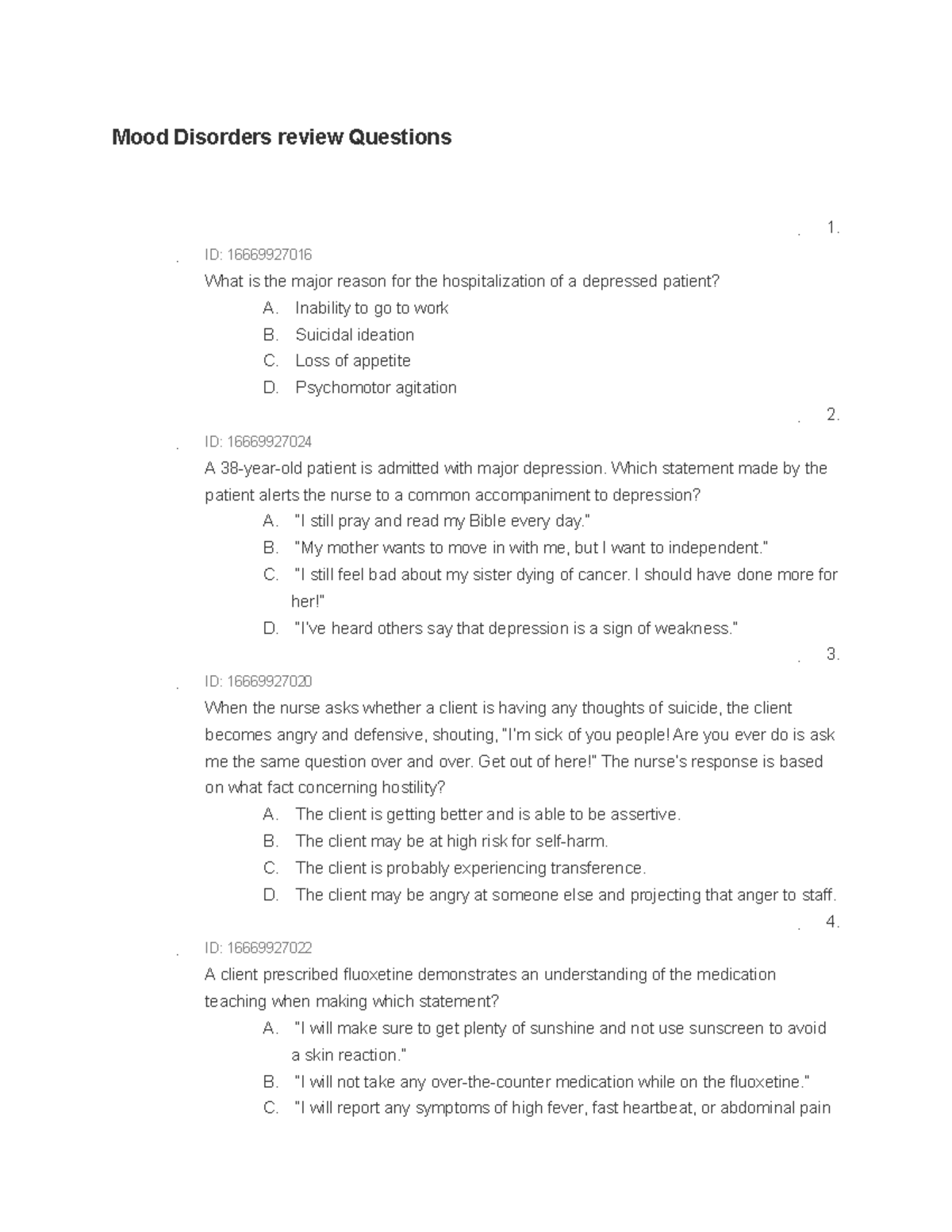 Mood Disorders review questions- (without answers) - Mood Disorders ...