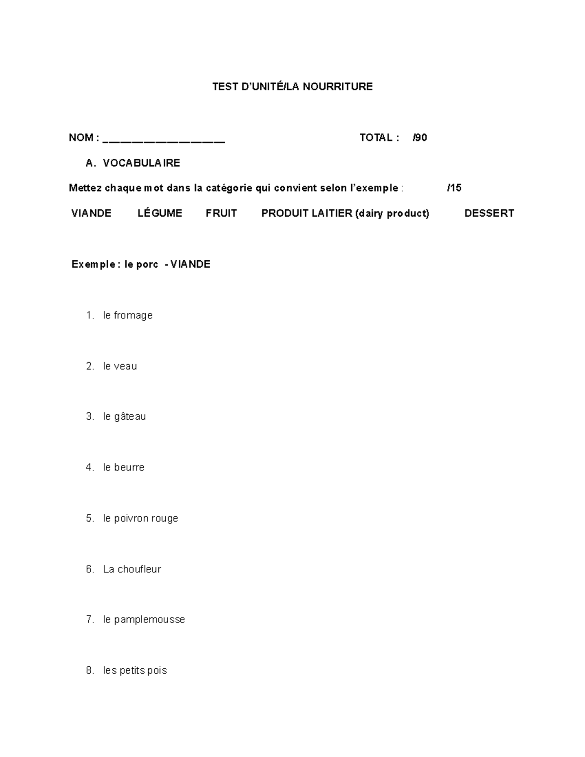 TEST D’ Unité LA Nourriture - TEST D’UNITÉ/LA NOURRITURE NOM ...