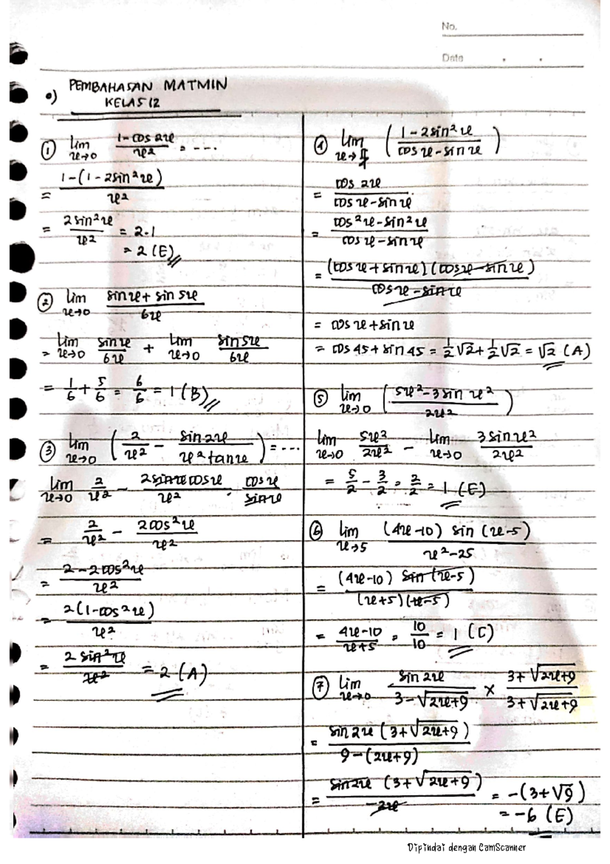 Pembahasan Matmin Kelas 12 - No. Date PEMBAHASAN MATMIN .) KELA512 lim ...