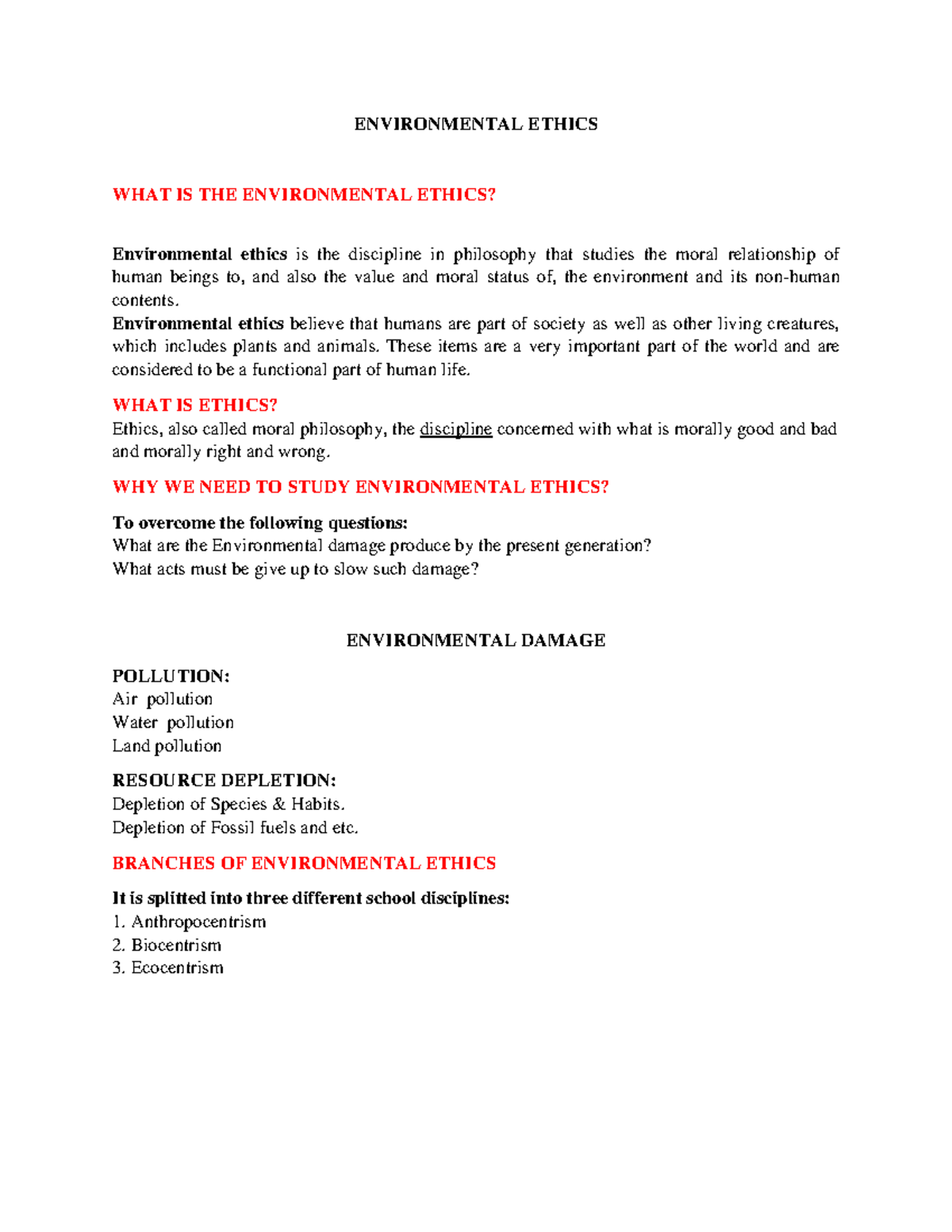 Environmental Ethics - This are my lecture notes and practice materials ...